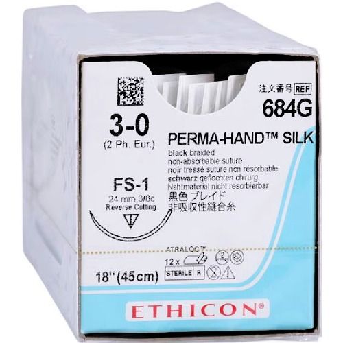 J&J Ethicon Perma-Hand 3-0 Suture With FS-1 24mm 3/8 Circle Needle 45cm 684G Box/12
