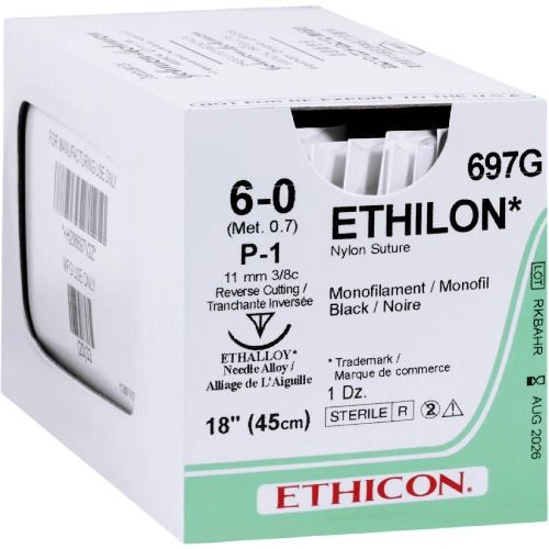 J&J Ethicon Ethilon Nylon 6-0 Suture With P-1 11mm 3/8 Circle Needle 45cm 697G Box/12