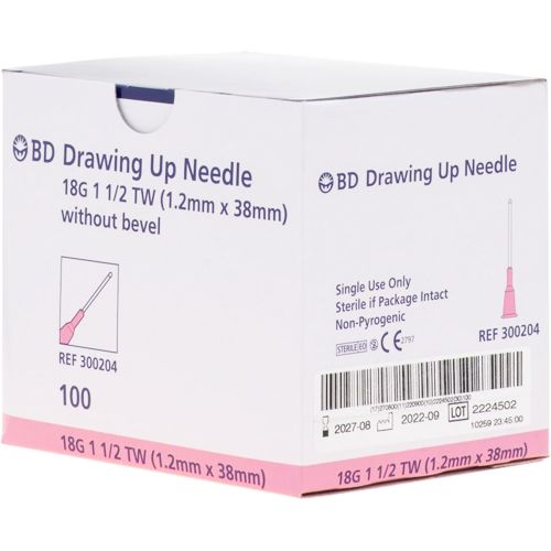 BD Needles Blunt Hypodermic Needle 18G x 38mm Pink 300204 - Box/100